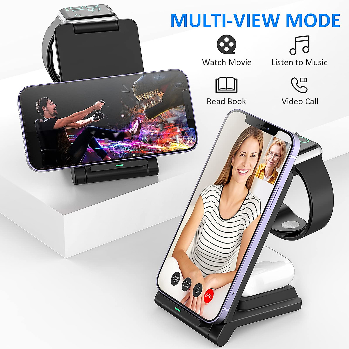 i.VALUX 3 in 1 Charging Station for Apple Devices, Foldable Travel Wireless Charger Stand Charging Dock for iPhone 15 14 13 12 11 Pro Max Plus XR XS 8 Plus, Apple Watch Series 9/8/7/6/5/4/3/2,AirPods