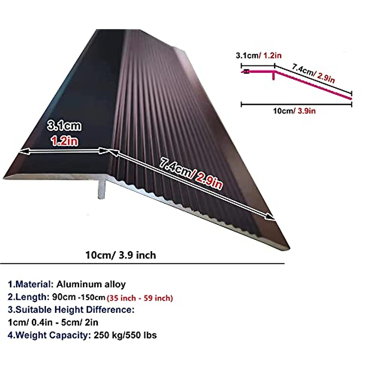 XHP 35-59 inch Aluminium Floor Threshold Transition Strip 4 inch Wide Modern Metal Tile Floor Edging Trim Cuttable Carpet Edge Strip Doorway Reducer Non-Slip Long Divider Strip Wood to Tile