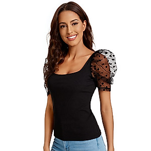 Verdusa Women's Polka Dot Mesh Puff Sleeve Square Neck Top Black M