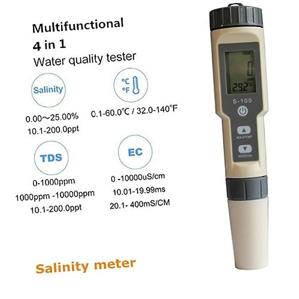 MUCKLILY Water Quality Tester Hydrometers Salt Meter Water Salimeter Automatic Hydrometer Salt Water Gravimeter Tds Water Quality Testing Pen Temperature Tester Light Grey