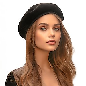 Jeicy Beret Hats for Women, Black Beret,Red Beret,French Wool Beret Hat, （Send a Silk Scarf Brooch） Indoor Outdoor