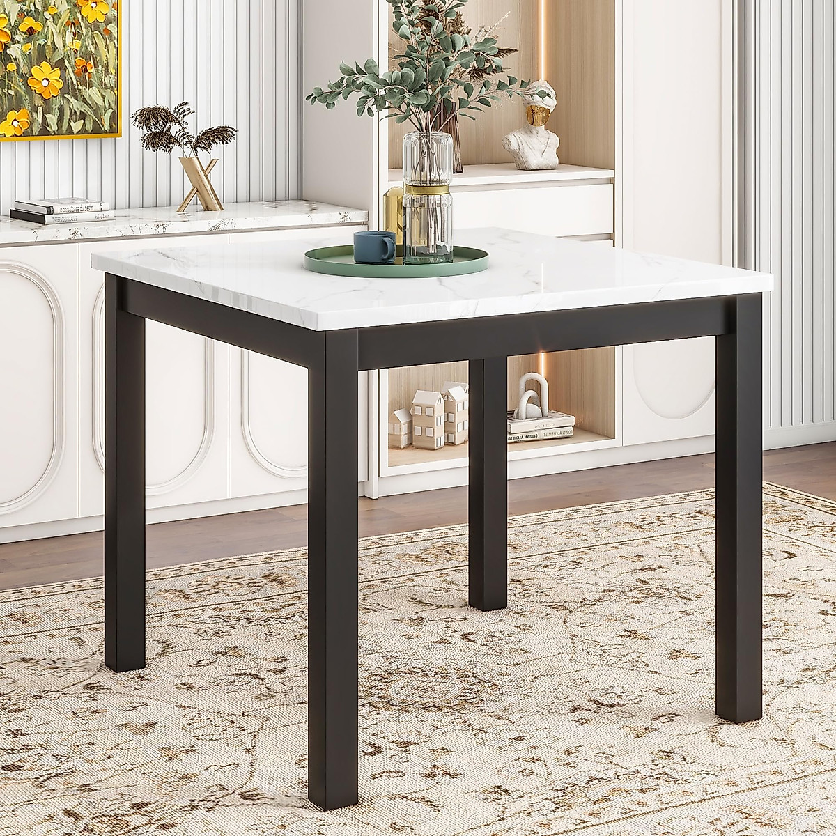 Counter Height Dining Table Set for 4, Farmhouse Kitchen Table Set with Faux Marble Tabletop and 4 Upholstered Chairs, Wooden Table and Chairs Set for Kitchen, Dining Room, Small Space, Grey