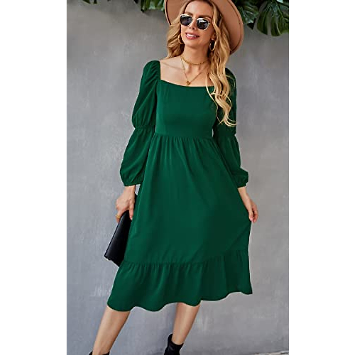 AOVDE Women's Square Neck 3/4 Sleeve Dress Solid Color High Waist Fall Dress Casual Party Flowy Midi Dress Green Small