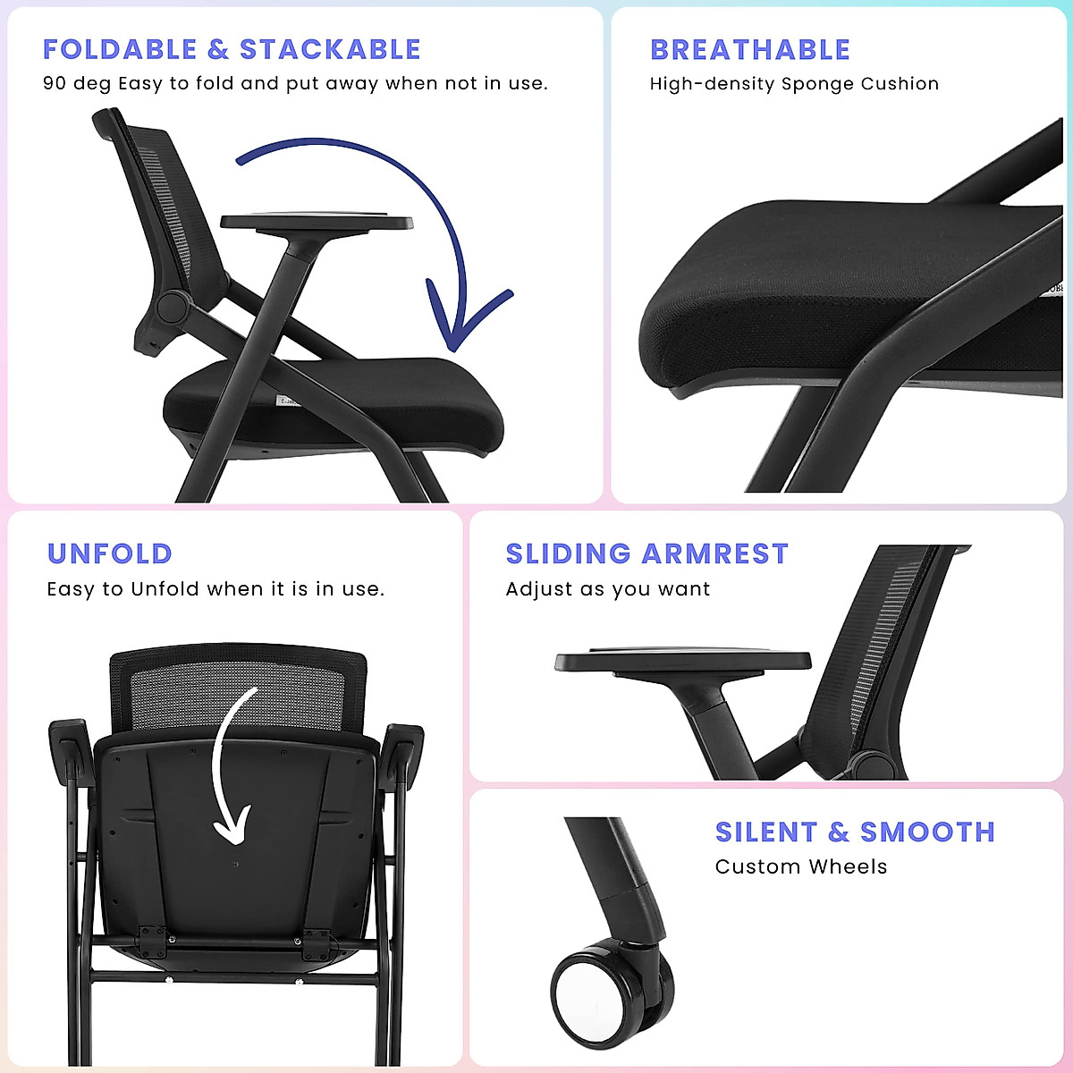 [2 Pack] Stackable Conference Room Chairs with Wheels and Paddle, Ergonomic Mesh Back and Arms for Meeting, Conference, Reception, Training Room & Home Office Desk Folding Chairs