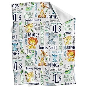 Honestchi Safari Personalized Baby Blankets - Customized Baby Blanket with Name for Boys - Custom Baby Blankets for Baby Shower - Soft, Lightweight & Giftable