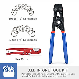 iCRIMP Ratchet PEX Cinch Tool with Removing function for 3/8 to 1-inch Stainless Steel Clamps with 20PCS 1/2-inch and 10PCS 3/4-inch PEX Clamps and Pipe Cutter- All in One