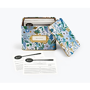 RIFLE PAPER CO. Garden Party Blue Recipe Tin, Gold Metallic Interior, Gold-Framed Label On Front, Includes 24 Recipe Cards and 12 Recipe Dividers, Bring Charm and Cheer Into Your Kitchen
