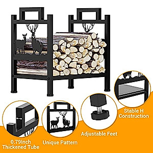 DAWNSPACES Firewood Rack 17", Outdoor Wood Holders with Handles, Indoor Heavy Duty Log Storage Rack with Elk Pattern, Metal Wood Pile Storage Stacker Organizer for Fireplace, Patio, Fire Pit