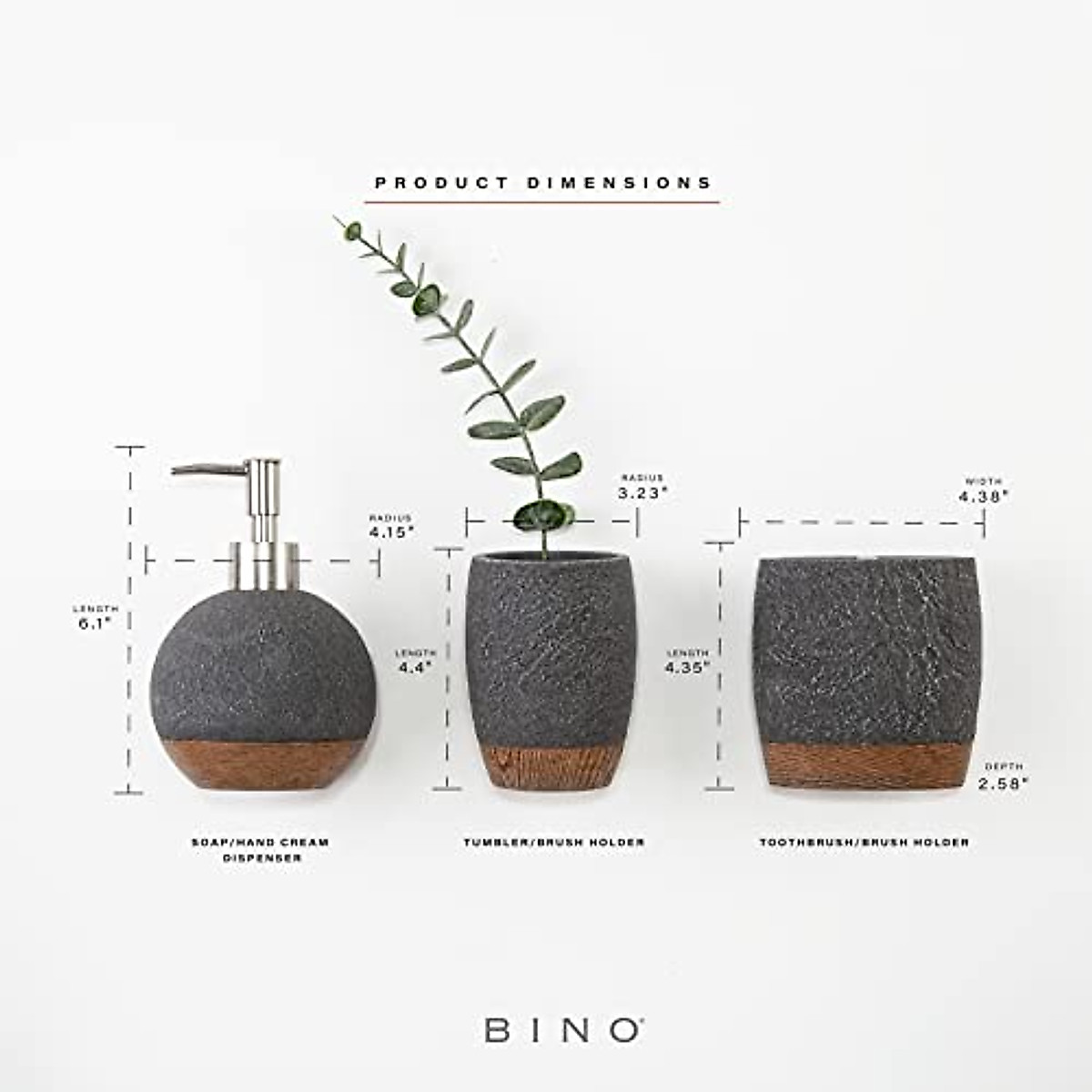 BINO Bathroom Accessories Set - Dark Grey | Soap Dispenser | Toothbrush Holder | Tumbler | 3-Piece Bathroom Organizer Countertop Set | Bathroom Decor | Home Decor | Bathroom Set