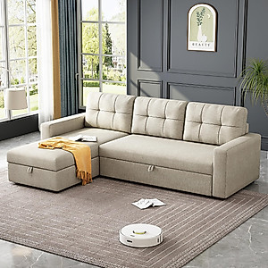 YOPTO 81.5" Sectional Sleeper Sofa with Storage Chaise, L Shaped Pull Out Couch Bed with 3 Removable Back Cushion for Living Room, Apartment,Office,Beige