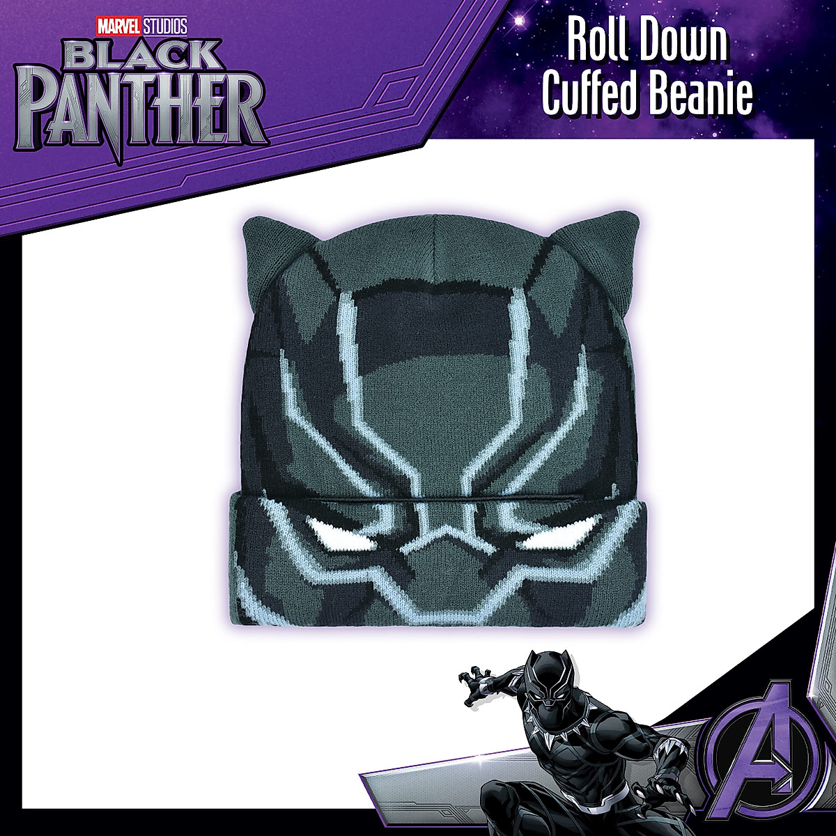 Marvel Black Panther Roll Down Cuff Beanie Hat, Black, One Size
