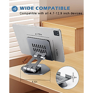 SOJUNER Tablet Stand Holder for Desk, Swivel iPad Stand with 360 Rotating Base, Aluminum Foldable Desktop Stand Holder Compatible with All Tablet Such as iPad Pro 12.9,11,10.5,9.7, Grey