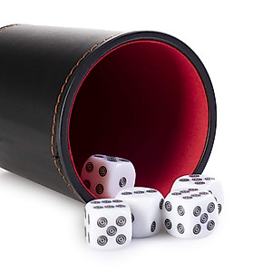 5 Leather Dice Cups and 25 Bullseye Dice by Bullseye Game Night | Classic Dice for Farkle, Liar's Dice, Bunco | Black and Red