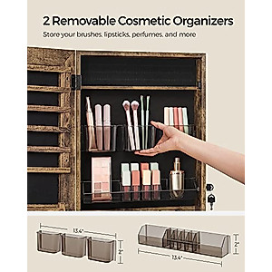 SONGMICS Jewelry Cabinet Armoire, Lockable Wall-Mounted Storage Organizer Unit with 2 Plastic Cosmetic Trays, Full-Length Frameless Mirror, Textured Brown UJJC001X01