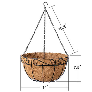 AMAGABELI GARDEN & HOME 4 Pack 14 Inch Plant Hanging Baskets Metal for Flowers Round Outdoor Hanging Pots Holder Hanger Metal with Coco Liner Chain Large Artificial Plants Decoration Black Basket14