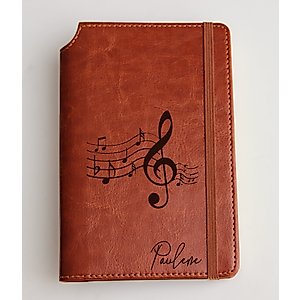 Personalized Music Notes Journal with Custom text or custom initials engraved Journal leather bound, strip with the same color to keep it closed