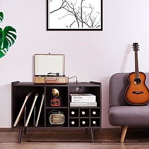 INFANZIA Vinyl Record Player Stand, Large Wooden Turntable Stand Holds Up to 200 Albums, Mid-Century Record Storage with Power Outlets, Record Organizer Cabinet for Living Room, Bedroom, Office