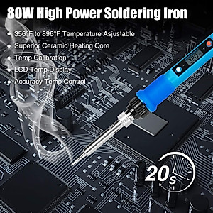 LCD Digital Soldering Welding Iron Kit with Ceramic Heater,5pcs Tips, Stand, Solder Tube, Sponge for Metal, Jewelry, Electric, DIY, Portable, 80W 110V