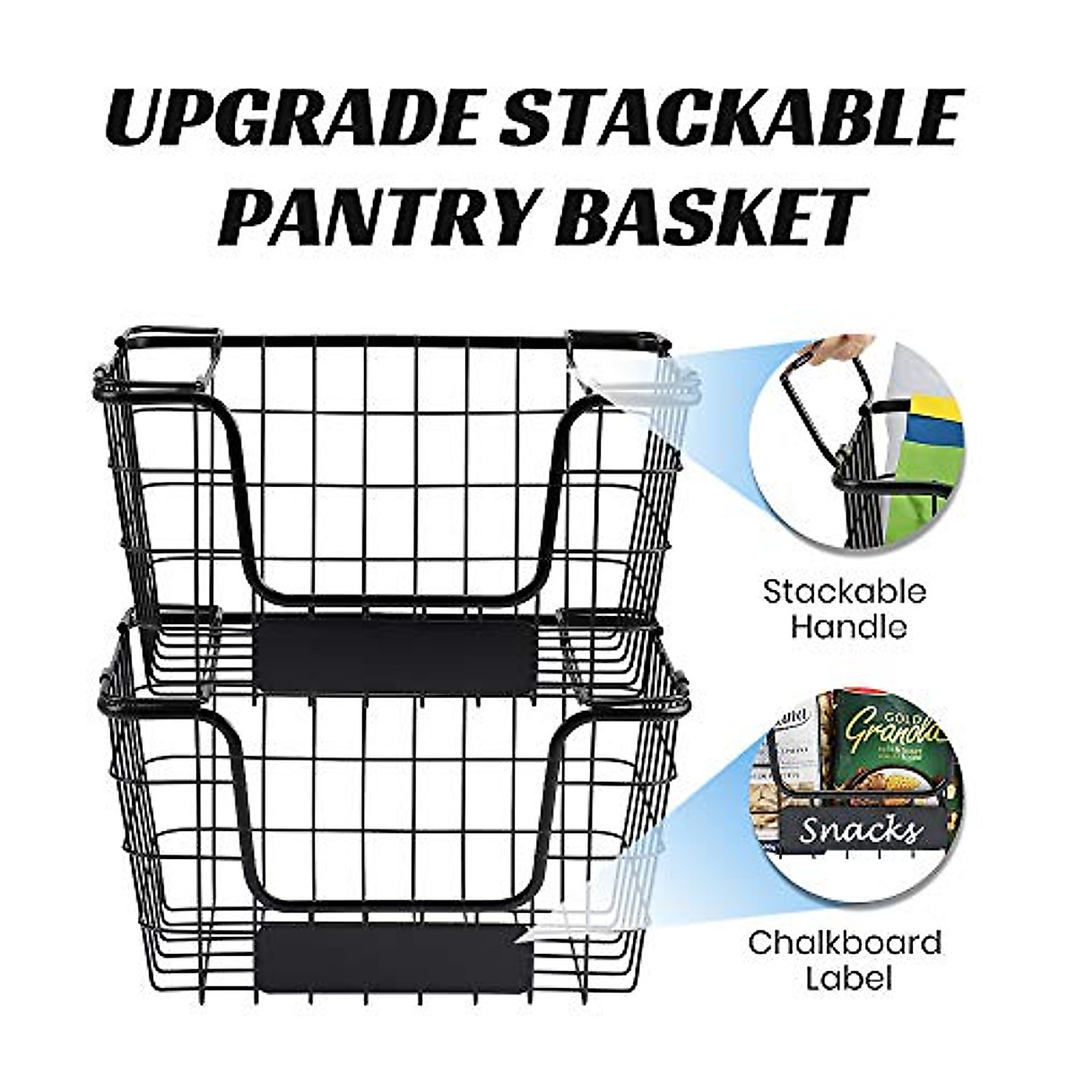 Stackable Wire Baskets for Pantry Storage and Organization Produce Basket with Handles Freezer Metal Baskets for Kitchen Cabinets, Pantry, Closets, Bathrooms-Black-2Pack