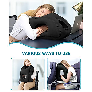 JefDiee Inflatable Travel Pillow, Airplane Neck Pillow Comfortably Supports Head and Chin for Airplanes, Trains, Cars and Office Napping with 3D Eye Mask, Earplugs and Portable Drawstring Bag (Black)
