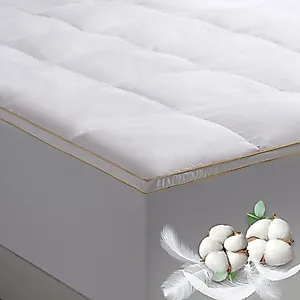 Simmons Feather Bed Queen Mattress Topper with 230TC Microfiber Shell - Skin Friendly Prime Feather Fiber Baffle Box Mattress Topper with 15” Skirt for Queen Size Bed - Plush Mattress Pad, 60”x80