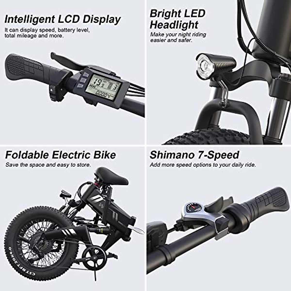 Wooken Electric Bike, 20'' Fat Tire for Adults, 500W Folding with 48V 10Ah Battery, Shimano 7 Speed Gears, Dual Shock Absorber, 20MPH Ebike Commute Mountain Beach Snow.