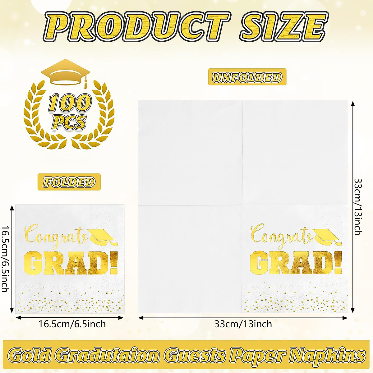 100 Pcs Graduation Napkins Party Decorations, Class of 2024 Congrats Gard Paper Cocktail Napkins, White and Gold Foil Napkins Disposable for High School College Graduation Party Supplies, Gold