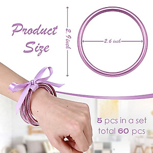 Xinnun 60 Pieces Glitter Jelly Bracelets Jelly Bangle Bracelets Set Colorful Glitter Filled Silicone Bracelets with Ribbon Bow for Girl Women Valentine's Day