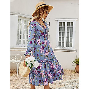 KOJOOIN Womens Long Sleeve Deep V Neck Ruffle Floral Print Maxi Dress High Elastic Waist Flowy Beach Dress Blue M