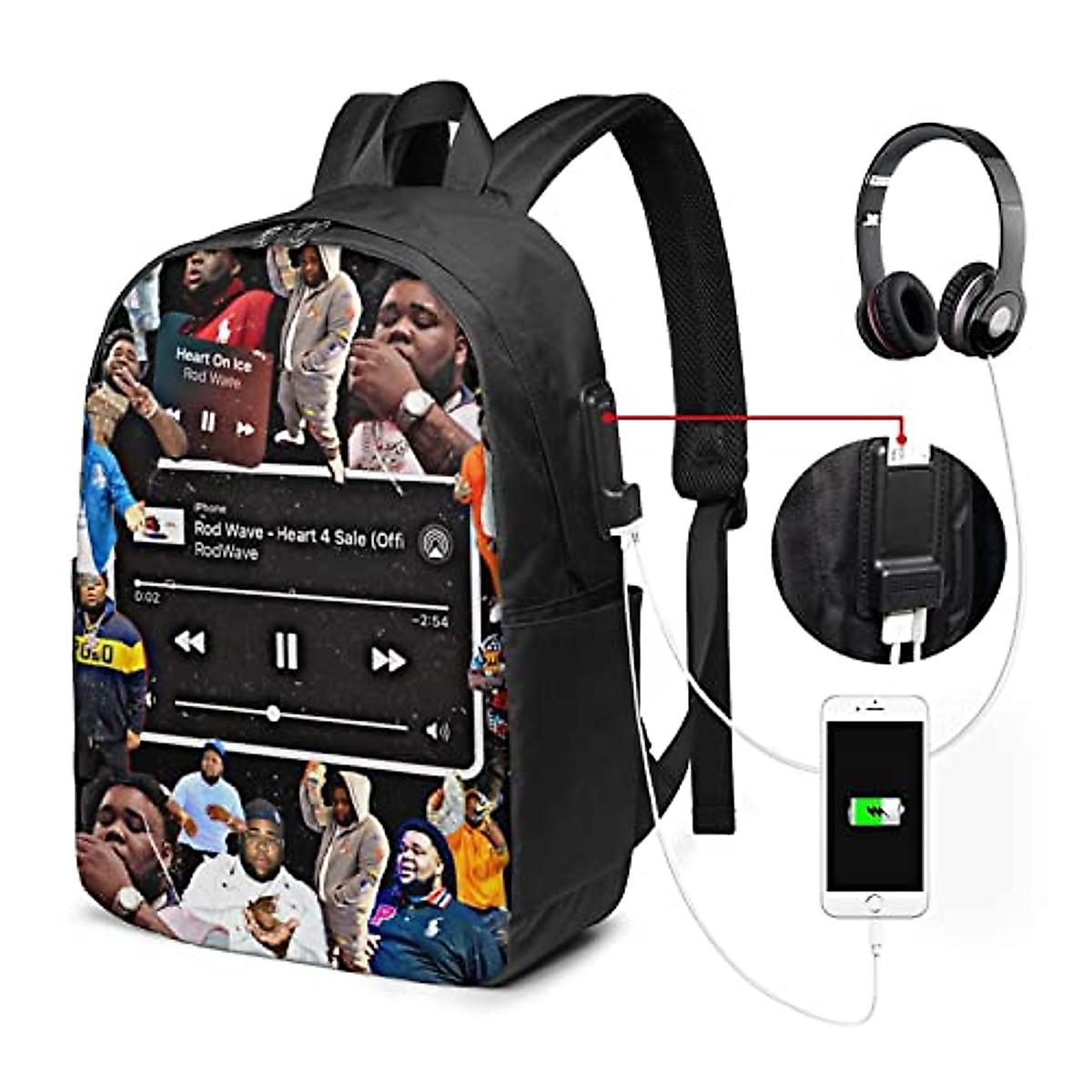 Rod Wave Backpack 17 Inch Laptop Daypack With Usb Port Bookbag For Student School Casual Travel