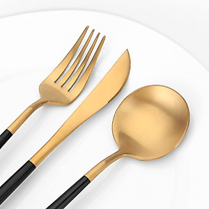 Matte Gold Silverware Set with black handle, Vanys 30 Piece Stainless Steel Cutlery Flatware Set, Kitchen Utensil Sets for 6, Tableware With Knife Spoons And Forks Set, Satin Finished Polished