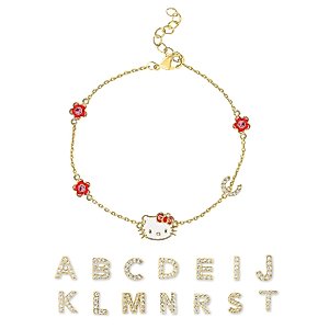 Hello Kitty Sanrio Womens Initial Bracelet 6.5" + 1"- Official License 18k Flash Plated Cubic Zirconia Letter C Bracelet