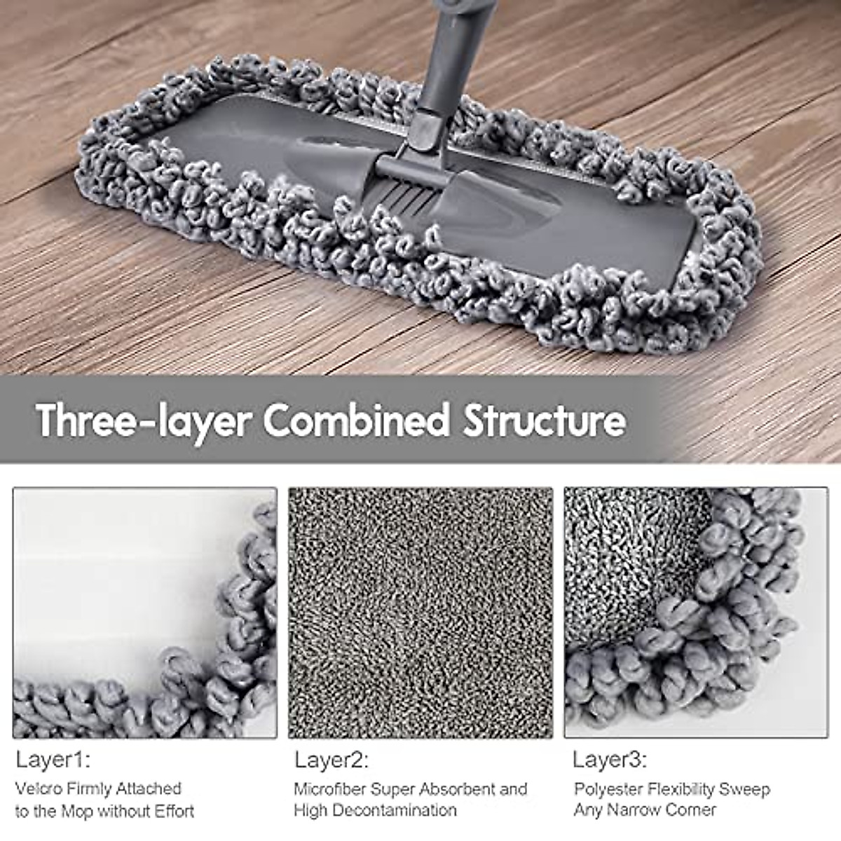Microfiber Spray Mop Pads for Floor Cleaning, 3× HOMSIER Washable Replacement Mop Heads Reusable Wet Dry Mop Refills for Home Kitchen Tile Marble Wood Floor Care Flat Dust Mops with Velcro(Grey)