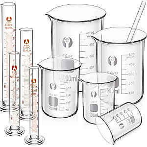 Feekoon 10 Pieces Glass Measuring Beaker and Graduated Measuring Cylinder with Stirring Rod 50/100/ 250/500/ 1000 ml Thick Glass Beakers and 5/10/ 50/100 ml Graduated Cylinders for Science Lab