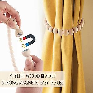 Magnetic Curtain Tiebacks Boho Beaded: Strong Magnets, Boho Decor Wood Bead Curtain Tiebacks, Farmhouse Decor Curtain Tie Backs for Curtain Holdbacks, Baby Nursery Decor, Natural, 2 Pack