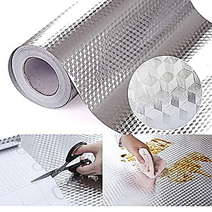 Snkxu Kitchen Wallpaper Oil Proof Sticker Backsplash Aluminum foil Oil self-Adhesive Paper Silver Cabinet Liner Waterproof and Heat Resistant Peel and Stick backsplash, 15.7X118.1 Inches