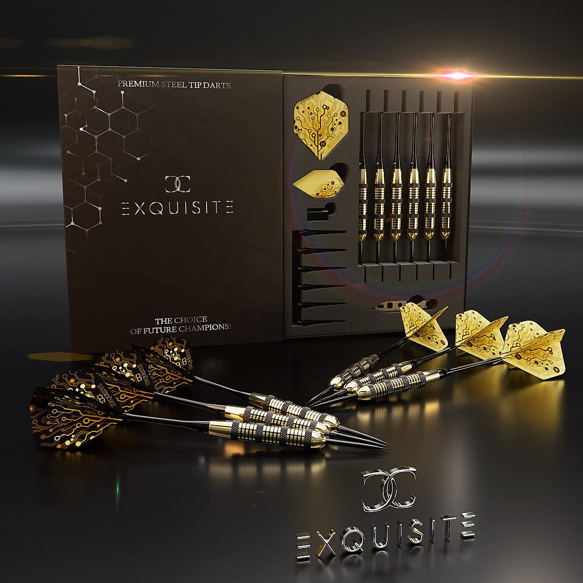 CC-Exquisite Premium Steel Tip Darts Set - Professional Darts, Brass Barrels, Metal Tip Darts, Extra Flights, (12) Aluminum Shafts 35/48, O-Rings, Dart Tool, Dart Sharpener, Darts Case