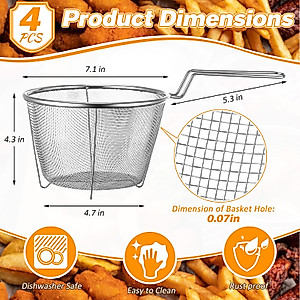 Nuanchu 4 Pieces Deep Fry Basket 7.1 Inch Round Wire Fry Basket Stainless Steel Fryer Basket with Long Handle Frying Fryer Strainer for Pot French Fries Turkey Chicken Kitchen Cooking Tools
