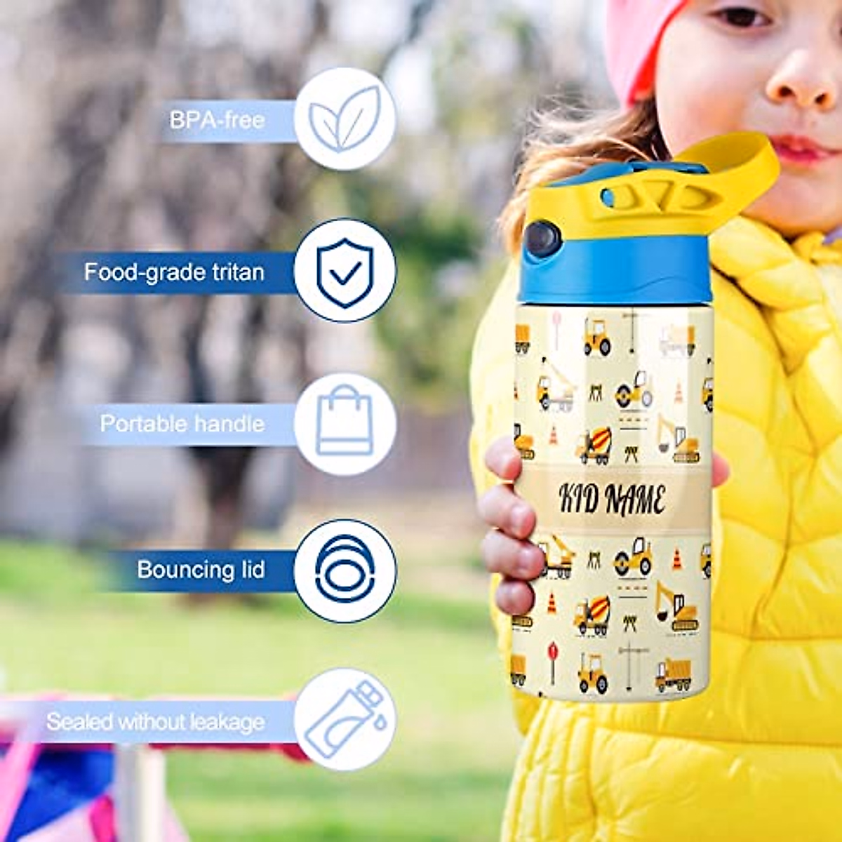 Mrokouay Custom Cartoon Excavator Car Kids Water Bottle with Straw Lid Personalized Add Your Text Stainless Steel Sports Water Bottles Customized Reusable Leak-Proof Toddlers Cup for School, Travel