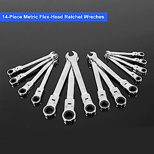 Prostormer 14-Piece Flex-Head Ratcheting Wrench Set, 6-19mm Metric Chrome Vanadium Steel Ratchet Wrenches, Combination Ended Spanner Kit with Storage Case