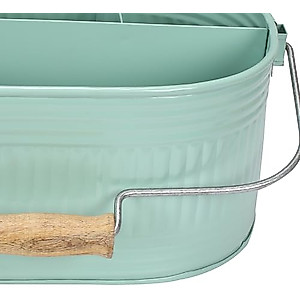 Alpha Living Home Farmhouse Utensil Caddy Carry-All Serveware-Galvanized Metal Organizer for Kitchen Counter-Comfort Wooden Handle In/Outdoor Storage For Flatware,Condiments,Party Cutlery,Arts-TEAL