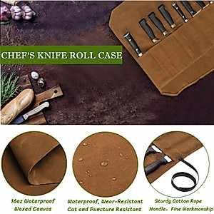 Suaetiai Waxed Canvas Knife Roll Bag,Portable Knife Cultery Carrier,Professional Chef Knife Case,Waterproof Knife Roll Storage Bag with 8 Slots,Holds 8 inch Kitchen Knives for Camping or Working