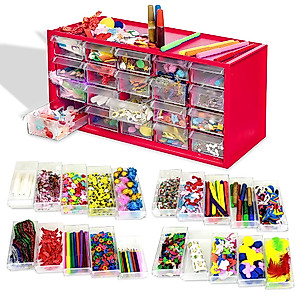 Kraftic Arts and Crafts Supplies Set for Kids Ages 4-8, Giftable Craft Organizer Box with 2000+ Pcs DIY Art Supplies for Toddlers, School Projects, and Homeschool - Red