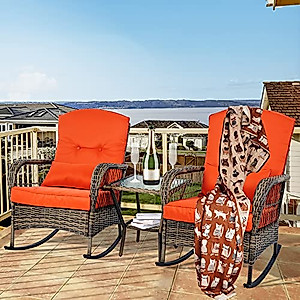 SENSWEET Wicker Rocking Chairs Set of 2, Rattan Patio Rocking Chairs, All-Weather Rocking Lawn Wicker Furniture for Porch Deck Garden Backyard(Red)