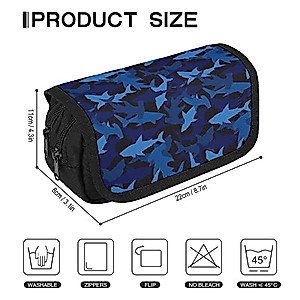 Blue Camo Sharks Large Capacity Pencil Case Multi-Slot Pencil Bag Portable Pen Storage Pouch with Zipper