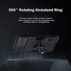 CloudValley Compatible with iPhone 12, 12 Pro Case with Camera Cover & Kickstand, Slide Lens Protector + 360° Rotate Ring Stand, Black Armor Style, Impact-Resistant, Shockproof, Protective Bumper