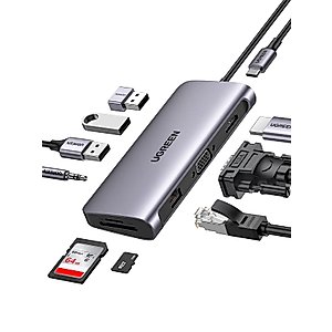 UGREEN USB C Hub, 10-in-1 USB-C Docking Station, 4K HDMI& VGA Dual Monitor, 1Gbps Ethernet, 100W PD, 3 3.0 Ports, 3.5mm Audio Jack, SD/TF Card Reader Multiport Adapter for MacBook iPad Dell HP