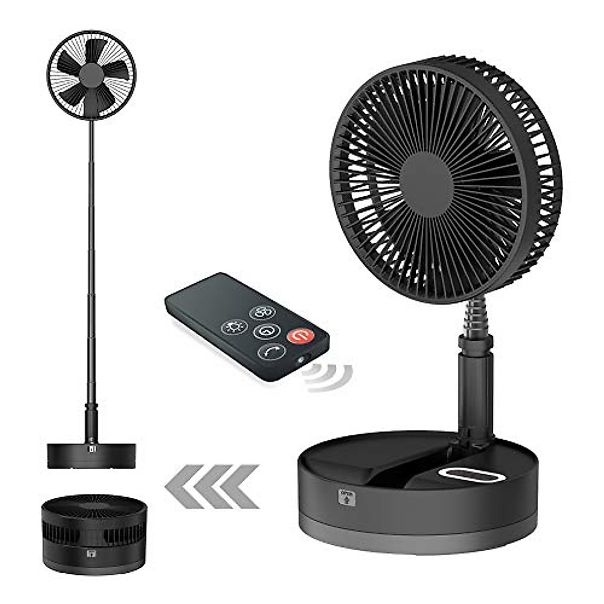 Foldable Fan Foldaway Oscillating with Remote Control, 10800mAh Battery Operated Fan, Portable Standing for Outdoor, Courtyard, Beach,Travel, Room,4 Speeds, with Timer night light (Black)