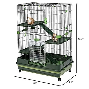 4-Tier Animal Metal Cage Small Cat Cage Height Adjustable Rabbits Cage with Lockable Casters, Pull-Out Tray Fits Rabbits, Chinchillas, Ferrets, Guinea Pigs, Squirrels, Hedgehogs (Green)
