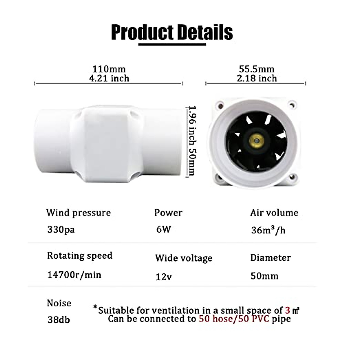 TTiiLoe Inline Duct Fan 2 Inch 50mm Ventilation Exhaust Booster 62 CFM Quiet Fan Filter Duct Kit 6W 12V Intake Fume Extractor Blower for Attic Kitchen Grow Tent (2 inch/50mm, Adjustable Speed)